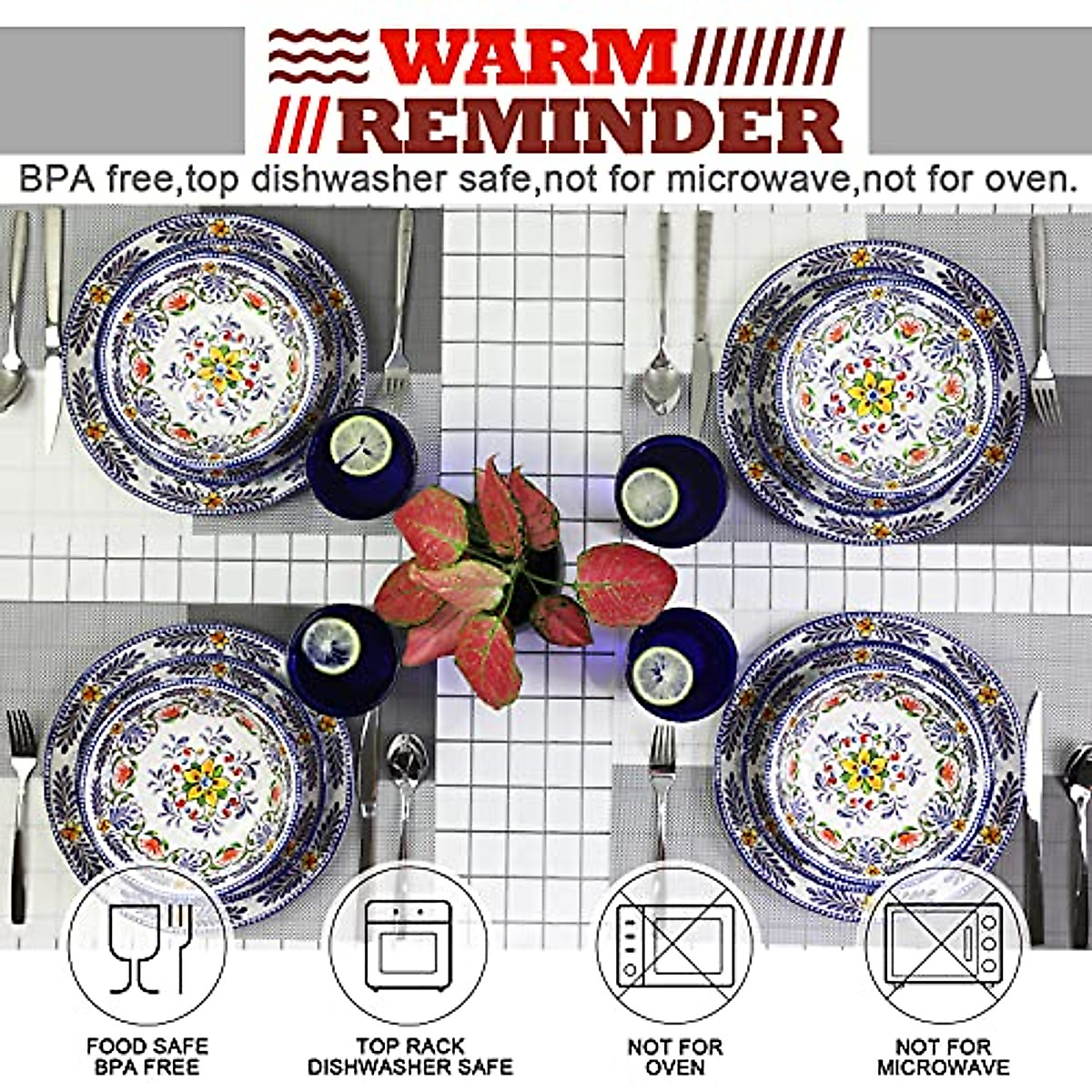 Melamine Dinnerware Set for 4-16 Pcs:Camping Dishes Set with Dinner Plates,Salad Plates,Cups and Bowls.Lightweight and Unbreakable,Indoor and Outdoor Use