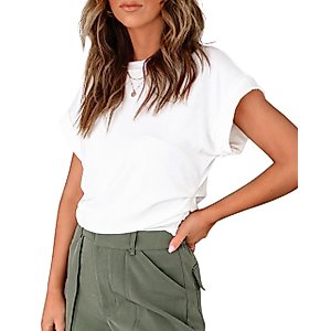 GeGekoko Women Short Sleeve Tshirts Crew Neck Basic Cotton Draped Tee Summer Ruched Side Top S-1L White