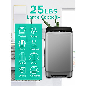 KRIB BLING Full Automatic Washing Machine with LED Display, 25 lbs Portable Washer Drain Pump, Come with a Glass Cover, 8 Programs & 8 Water Levels Selections, Ideal for Camping, Apartment, Dorm, Grey