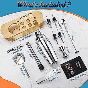 Cocktail Shaker Set with Bamboo Stand, 12-Piece Bartender Kit with Stainless Steel Bar Accessories, Gifts for Men Dad Cocktail Lovers, Home Essentials Bar Set Drink Mixer Set with Cocktail Recipes