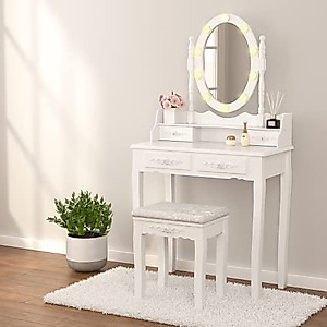 Alohappy Girls Makeup Vanity Set, Dressing Table Desk with Lighted Mirror and Stool, Makeup Table with 4 Drawers for Bedroom, Bathroom (Vanity with Lighted Mirror)