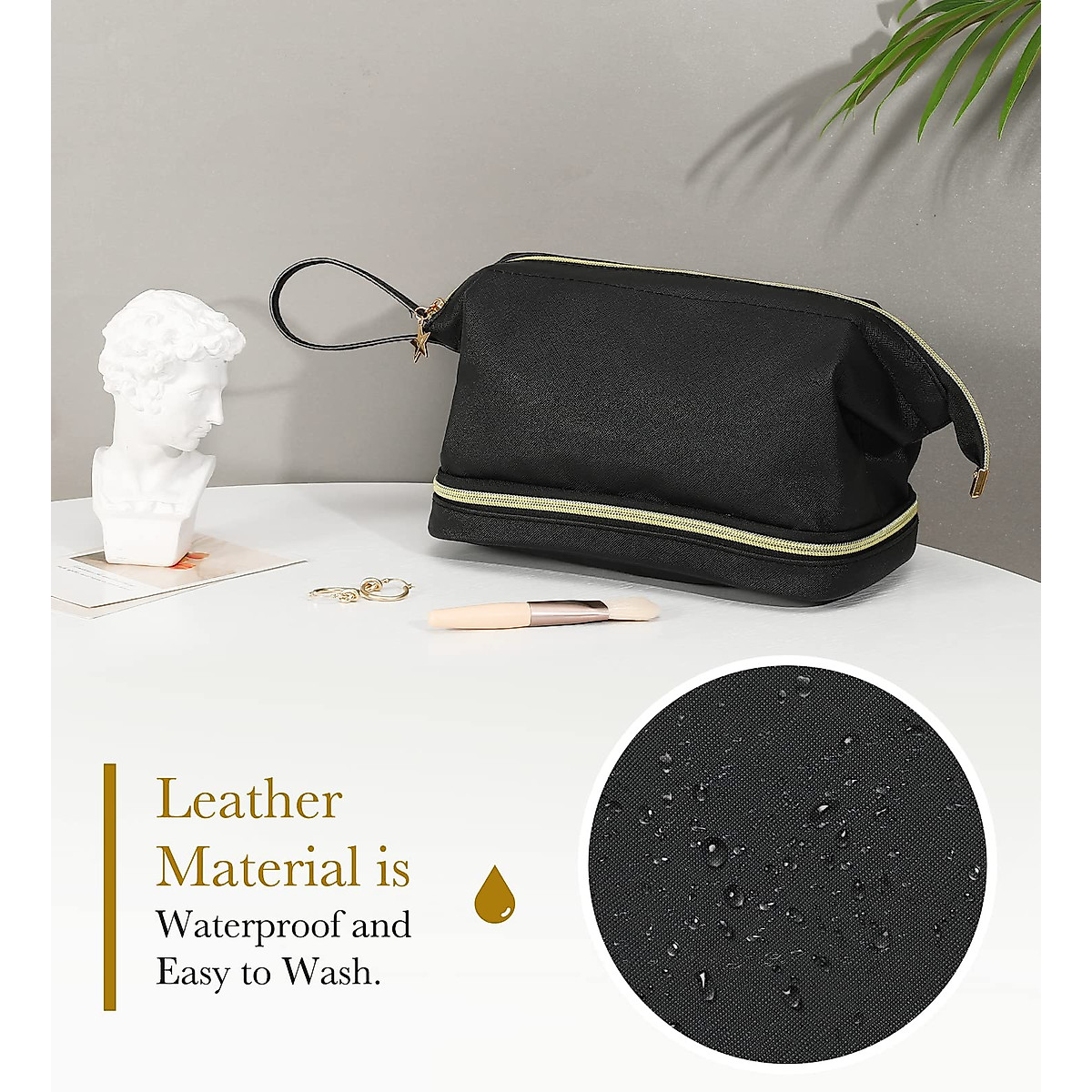 Shinowa Travel Makeup Cosmetic Bag, Portable Double Layer Cosmetic Bag, Large Leather Makeup Pouch with Wide Opening, Water-proof Toiletry Bag for Women Girls, Black