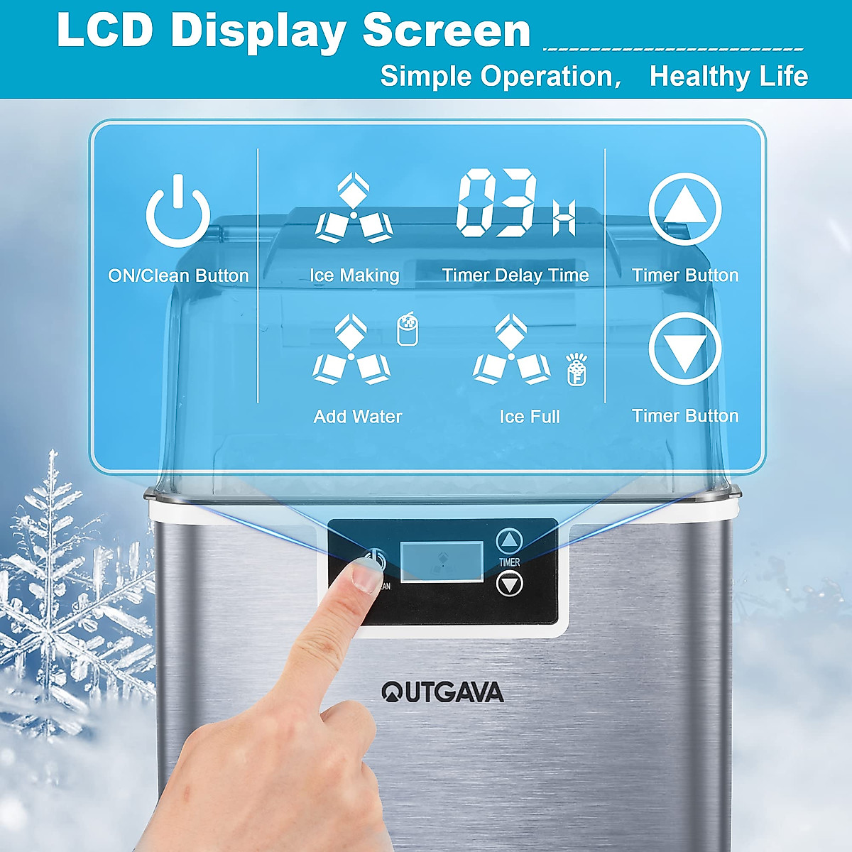 OUTGAVA Nugget Ice Maker Countertop Compact Ice Making Machine with Auto-Cleaning Function, 44Lbs in 24 Hours,Portable Pellet Ice Maker Machine with Ice Scoop and Basket for Home/Office/Bar/Party