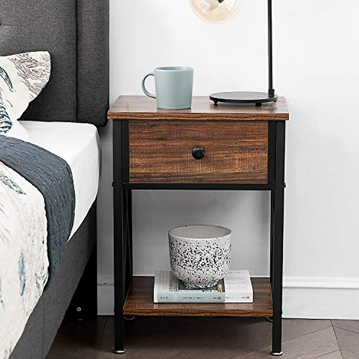 VECELO Side/End Table Drawer & Storage Shelf for Living Room Bedroom, Versatile X-Design, Brown, Nightstand with Drawer, Retro BRN