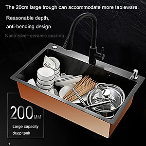 DIIDIIF Kitchen Sinks Bathtub Single Bowl 304 Stainless Steel Sink Set Black Square Large Sink Extremely Fast Drainage with Two Taps