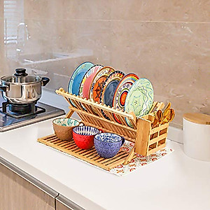 Bamboo Dish Rack, Dish Drying Rack Large, 3 Tier Bamboo Dish Holder, Collapsible Dish Drying Holder, Dish Drainer with Utensil Holder, Dish Organizer, Foldable, Large, Drying Mat included