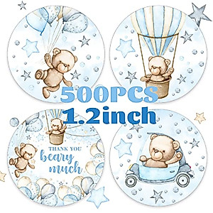 Bear Baby Stickers-500Pcs Thank You Beary Much Circle Labels,1.2 Inch Baby Shower Bear Theme Blue Candy Stickers for Kids