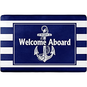 Welcome Aboard Door Mat Nautical Anchor On Navy Blue and White Striped Bath Mat Soft Non Slip Absorbent Shower Carpet Washable Kitchen Sink Rugs Bathroom Decor 18x30inch