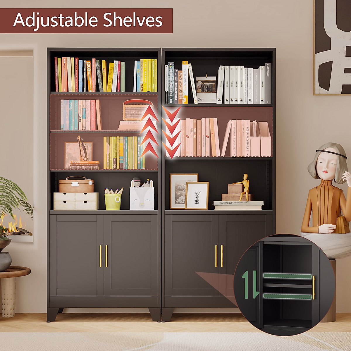 winiowa Metal Black Bookshelf and Bookcase, 6 Tier Bookshelves with Cabinet Doors, 75.2" Tall Display Book Shelf and Storage Cabinets for Living Room, Home Office, Library