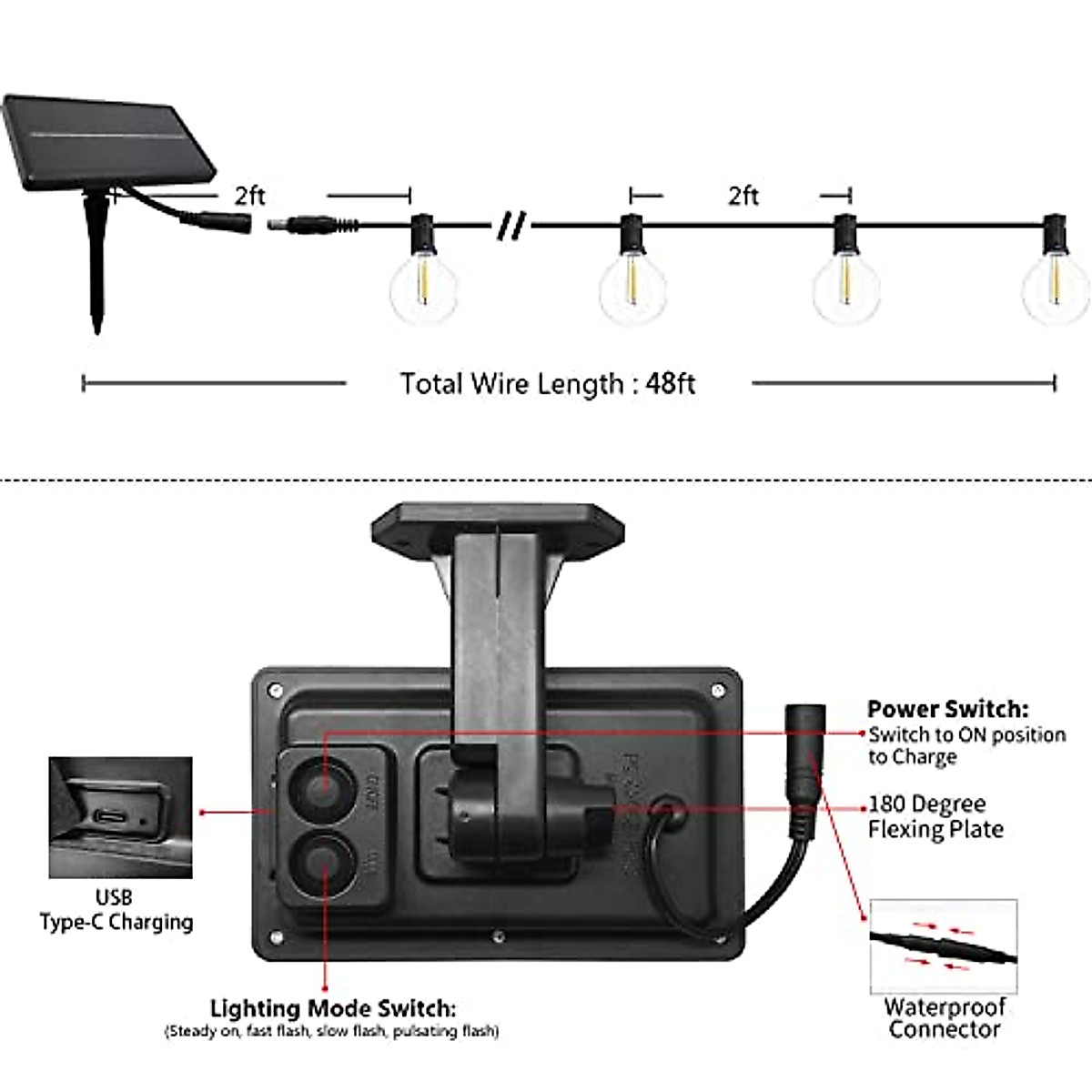 SUNTHIN Solar String Lights, 48ft Solar Patio Lights with 24 Shatterproof G40 LED Bulbs, Waterproof Solar Powered Outdoor Lights for Backyard, Garden, Deck, Porch, Pergola, Camping, Party
