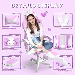 Ferghana Kawaii Light Purple Gaming Chair with Bunny Ears, Ergonomic Cute Gamer Chair with Footrest and Massage, Racing Reclining Leather Computer Game Chair 250lbs for Girls Adults Teens Kids