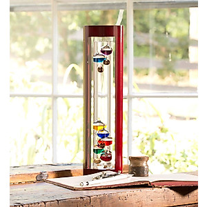 Galileo Glass Thermometer | 14.5-Inches Tall with Cherry Wood Frame | Law of Physics | Indoor Room Temperature for Home House Office Desk Counter Tabletop | Holiday Gift Present