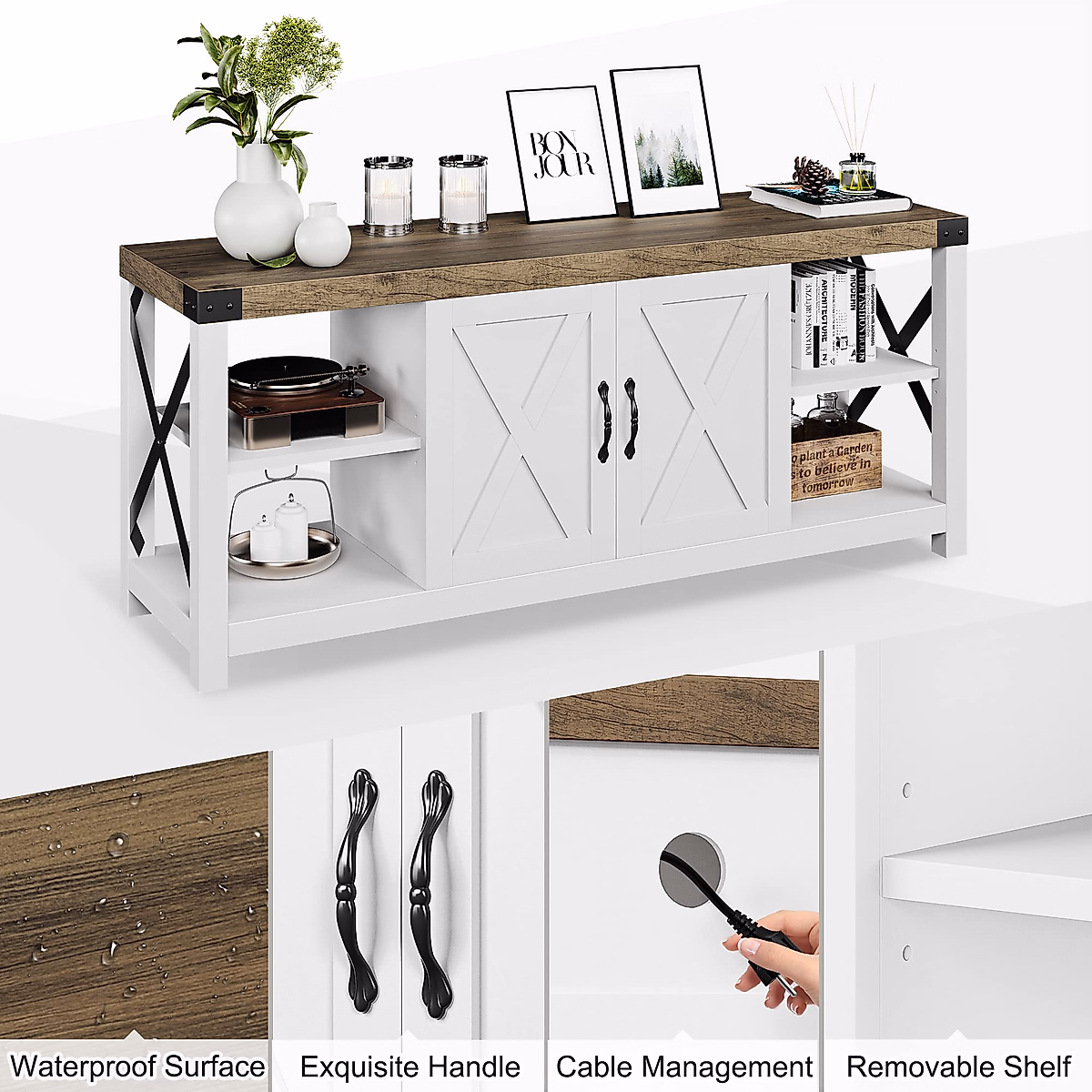 GAOMON 58 Inch TV Stand for TV up to 50 60 65 Inches, Farmhouse Wood Stand TV Cabinet Entertainment Center with Storage and Adjustable Shelves, 59 x 25 x 16 inches (White)