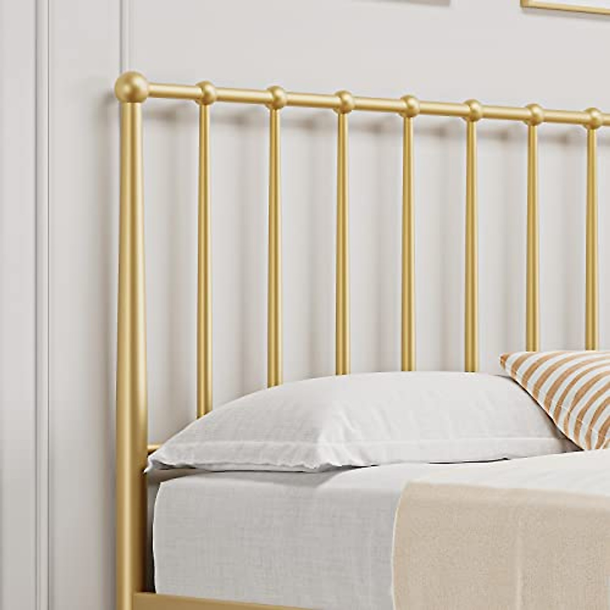 Amyove Gold Bed Frame Full Size Bed Frame with Modern Headboard, Platform Bed 14 Inches Metal Mattress Foundation for Storage, No Box Spring Needed, Easy Assembly, Gold