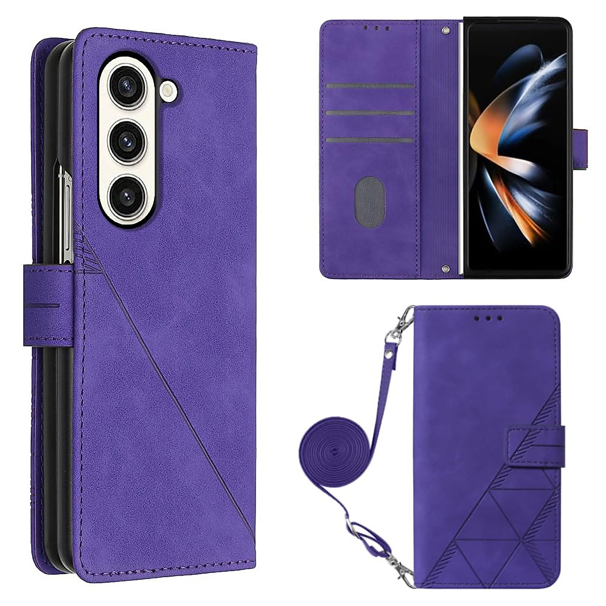 Aikukiki Case for Galaxy Z Fold 5,3D Leather Flip Folio Wallet Cover Magnetic Durable and Slim with Card Holder+Shoulder Layer Strap Phone Case for Samsung Galaxy Z Fold 5 5G,2023 (Purple)