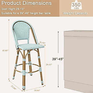 YOEEMZ Outdoor Bar Stools Set of 2 | 30 Inch Bar Height Rattan Patio Barstools with Back | Sturdy Aluminum Frame & Bamboo Finish | French Metal Chair, Powder Blue
