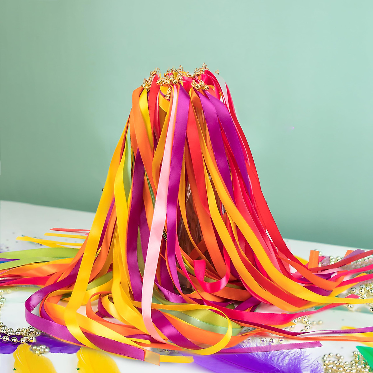 100pcs Rainbow Ribbon Stick Wands with Gold Bell, Multi-Colored Fairy Wish Wands Party Rhythm Send-Off Idea Ribbon Streamers for Wedding, Bridal Shower, Pride Parade, Ceremony Exit Photo Props