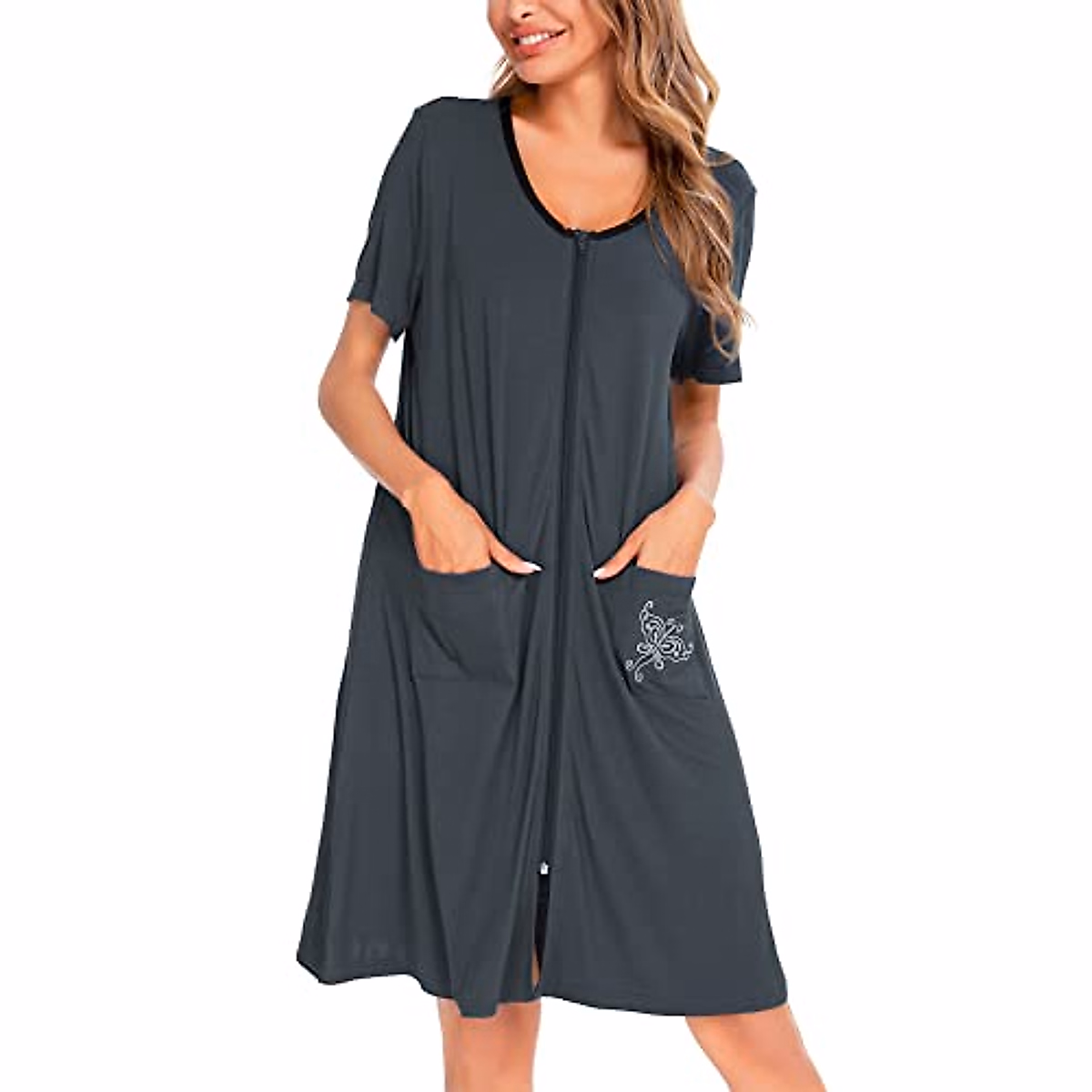 SWOMOG Women Zipper Front House Coat Short House Dress Duster Lightweight Nightwear Summer Bathrobe Knee Length Sleepwear with Pockets