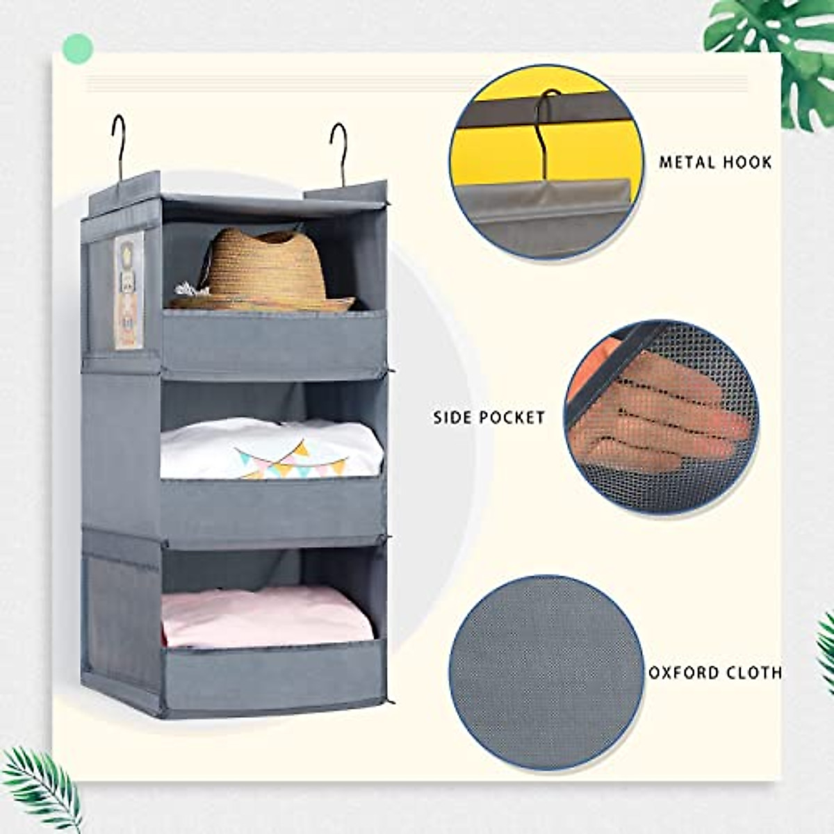 DonYeco Bundles of 3-Shelf Hanging Oxford Closet Organizers and Storage & 3-Shelf Hanging Closet Organizers and Storage with 4 Side-Pockets