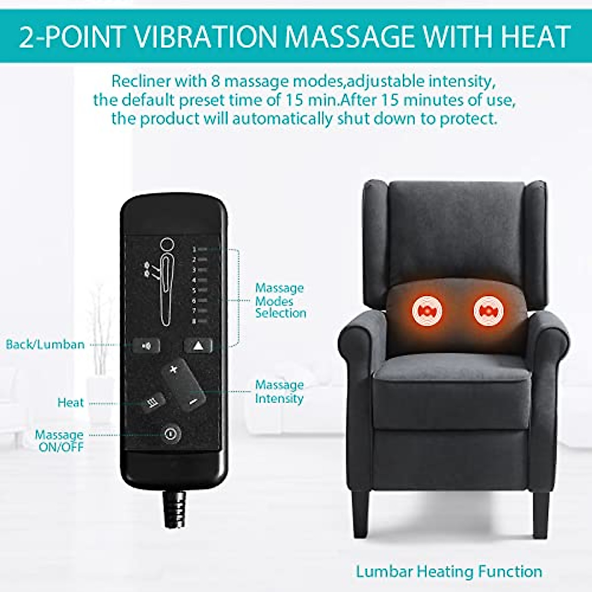 LEISLAND Wingback Recliner Chair for Living Room Fabric Lazyboy Push Back Chair with Heat and Massage, Tufted Armchair with Padded Seat,Grey(Set of 2)