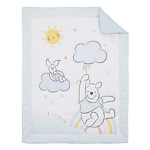 Disney Winnie The Pooh Hello Sunshine Multi-Colored Rainbow, Yellow Sun & Blue Clouds 3Piece Nursery Crib Bedding Set - Comforter, Fitted Crib Sheet & Crib Skirt, Aqua, Yellow, Orange, White