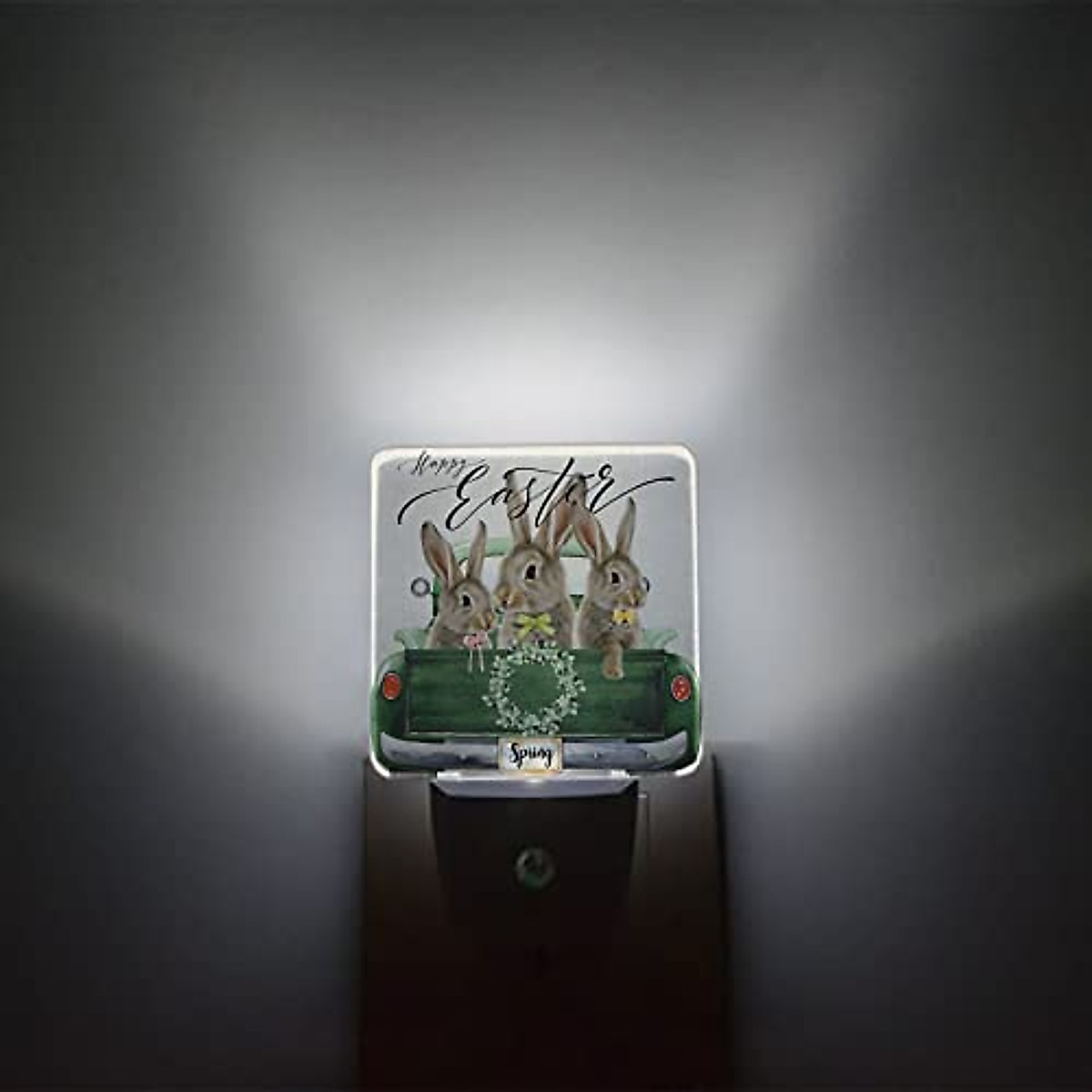 LED Night Light, Plug-in, Dusk to Dawn Sensor, Easter Green Truck Pull Rabbits Eucalyptus Leaves Wreath Decorative Nightlight for Bedroom, Bathroom, Nursery, Hallway, Kitchen, Stairs, Kids Room