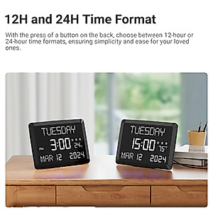 11.5” Digital Wall Clock with Date,Time,Week,Indoor Temperature,3 Alarms,5 Dimmer,2 USB Chargers,Battery Backup,Snooze,12/24H for Elderly,Parents,Impaired Vision,Dementia,Memory Loss,Office,Bedroom