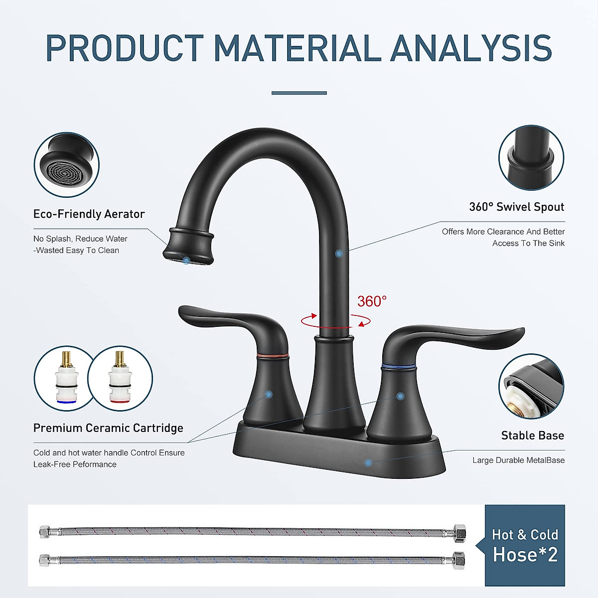 Bathroom Sink Faucet GENBONS 4 Inch 2 Handle Centerset Bathroom Faucet Lead-Free Matte Black Bath Sink Faucet with Pop-up Drain Stopper and Supply Hose, Bathroom Faucets California Compliant