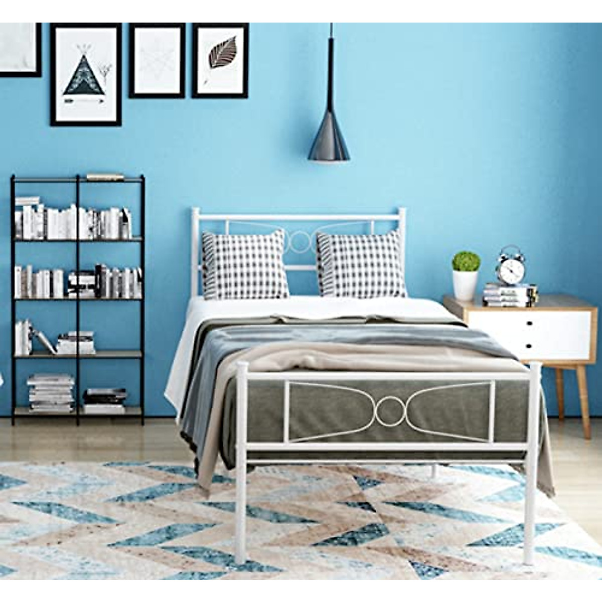 White Twin Bed Frames with Headboard Storage for Girls Boys Adults, Metal Twin Size Platform Bed Frame no Box Spring Needed, Mattress Foundation with Steel Slats Support, Noise Free, Anti-Slip