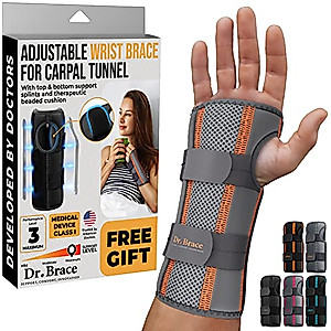 DR. BRACE Adjustable Wrist Brace Night Support for Carpal Tunnel, Doctor Developed, Upgraded with Double Splint & Therapeutic Cushion,Hand Brace for Pain Relief,Injuries,Sprains (S/M Right Hand, Grey-Orange)