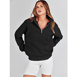 Caracilia Women Oversized Sweatshirt Quarter Zipper Fleece Pullover Hoodies Half Zip Y2K Clothes Collar Sweater Long Sleeve Trendy Fall Top Cute Gym Clothes for Women C113A7-heise-M Black