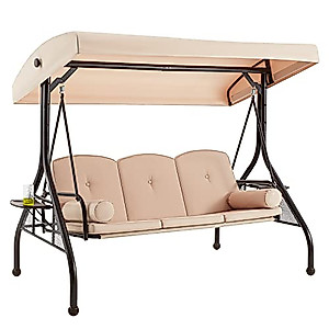 GYUTEI 3-Seat Outdoor Patio Swing Chair,Porch Swing Chair with Adjustable Backrest and Canopy,Outdoor Porch Swing Glider Chair,w/Cushions,Pillows and Cup Holders for Porch,Backyard(Khaki)