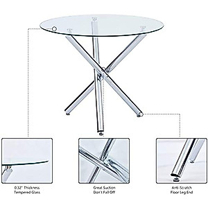 STYLIFING 3 Pieces Dining Room Table Set for 2 Round Clear Tempered Glass Top+2 White Faux Leather Kitchen Dining Room Table and Chairs Set for 2 Person Modern Kitchen & Dining Room Sets for Home