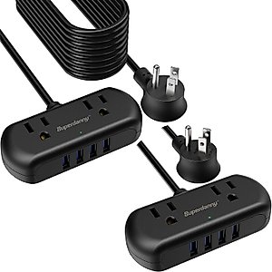 Power Strip with USB, SUPERDANNY Mini Surge Protector with 2 Wide-Spaced Outlets & 4 USB Ports, 5/10 Ft Extension Cord, Flat Plug, Compact Size Desktop Charging Station for Travel, Home, Office, Black