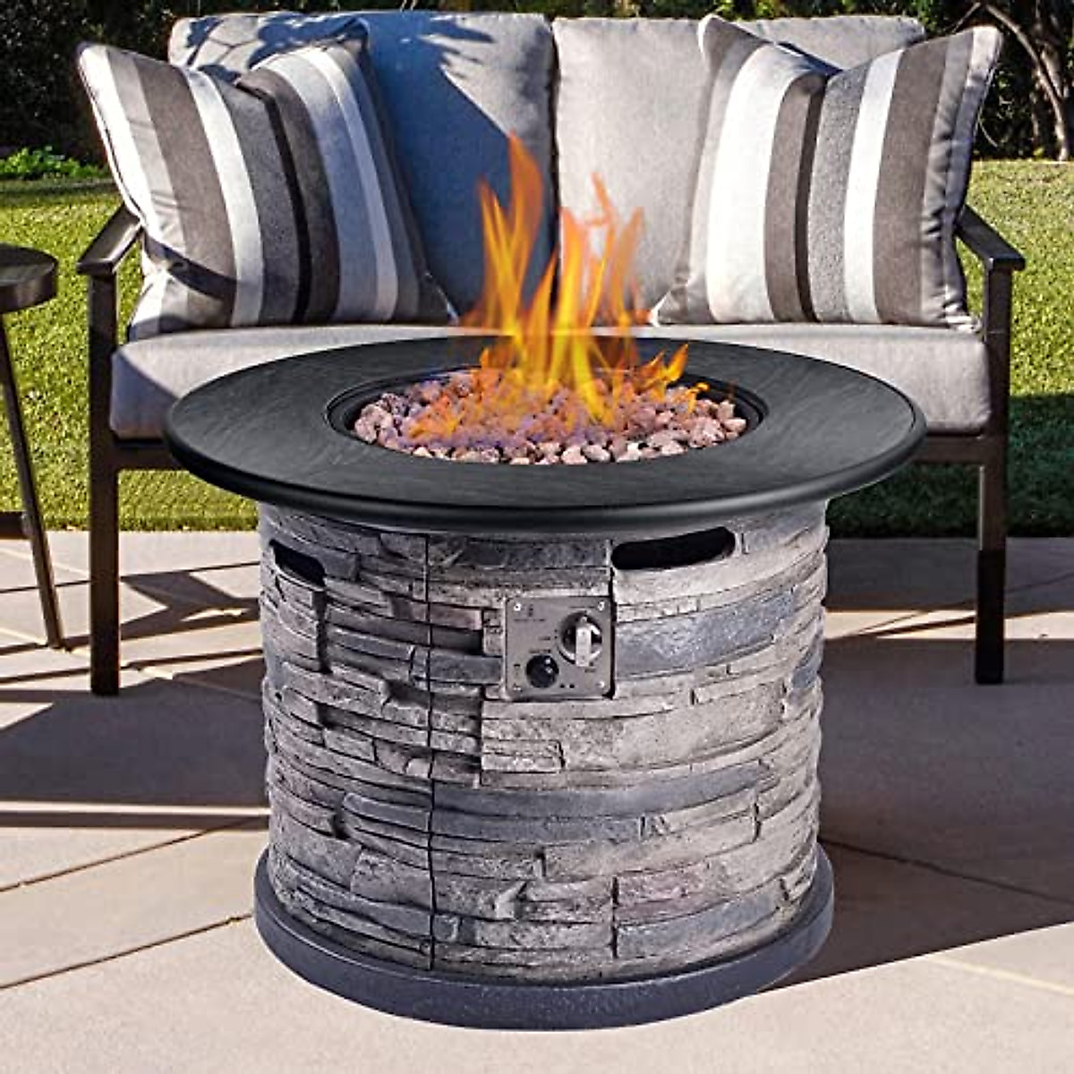BAIDE HOME 32-Inch Ceramic Fire Table, 50,000 BTU Round Outdoor Propane Fire Pit, Concrete Faux Stacked Stone Base w/Metal Lid, Lava Rocks, Electric Ignition, Cover