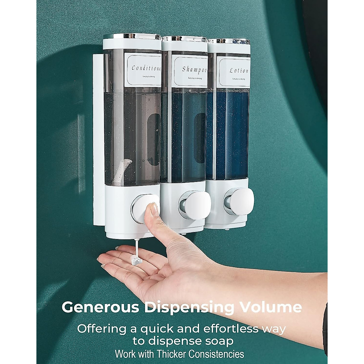 3 in 1 Shampoo and Conditioner Dispenser wall, Shower Dispenser 3 Chamber No Drill, White Bathroom Soap Dispenser and Labels