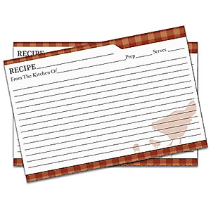 50 Pack 4x6 Double Sided Recipe Cards | Vintage Rustic Retro Plaid Farm Chicken Design | Large Thick Easy-Write Card Stock | Wedding Bridal Shower Gift 4 x 6
