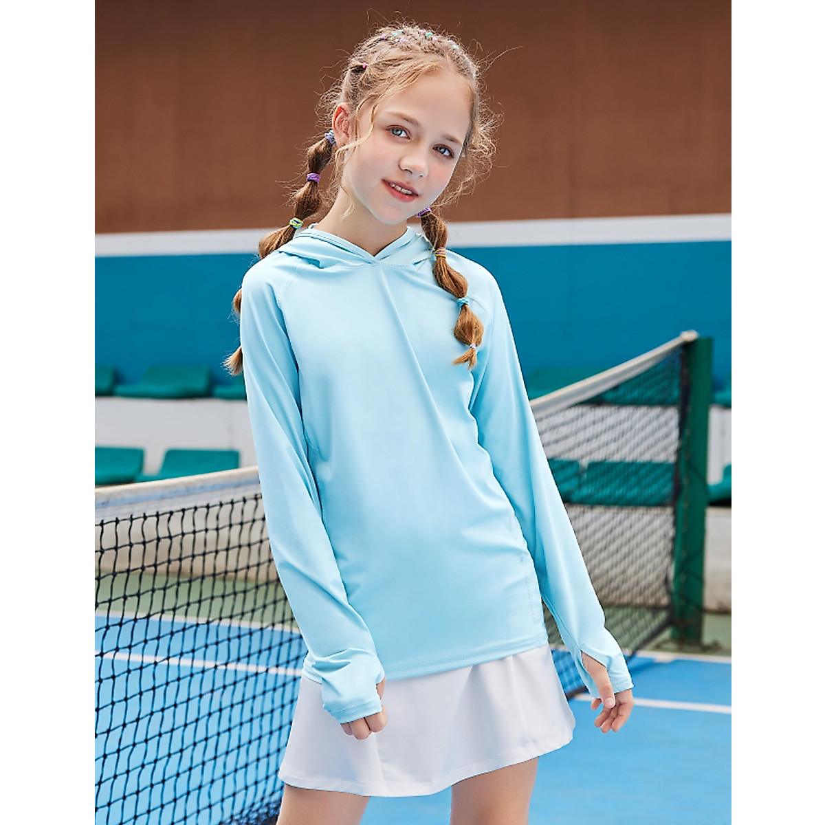 Zaclotre Kids UPF50+ Sun Shirt Girls Quick Dry Fit Sun Protection Clothing Athletic Hoodie with Thumbholes Blue