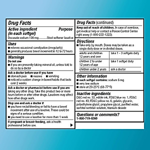 Amazon Basic Care Stool Softener Laxative, Docusate Sodium 100 mg, Softgels, For Constipation Relief, 100 Count