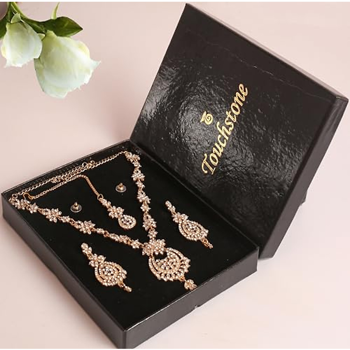 Touchstone Indian Bollywood Trends Filigree Floral Pattern Sparkling Rhinestone Designer Jewelry Necklace Set Mangtika In Antique Gold Tone For Women.