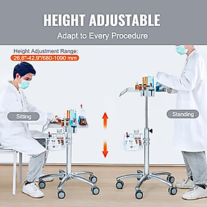 VEVOR Medical Cart Mobile Trolley Cart with Wheels 29.5"-41.3" Height Adjustable Stainless Steel Dental Cart Rolling Desktop Lab Cart with 16.5"× 15.7" Large Tabletop