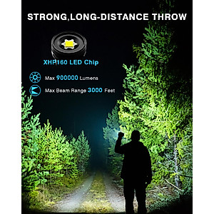 GEKIRO Led Rechargeable Flashlight 900000 High Lumens,XHP160 Super Bright Powerful Flashlights with 5 Lighting Modes,Zoomable,Waterproof Handheld Flashlight for Camping,Emergencies,Hunting