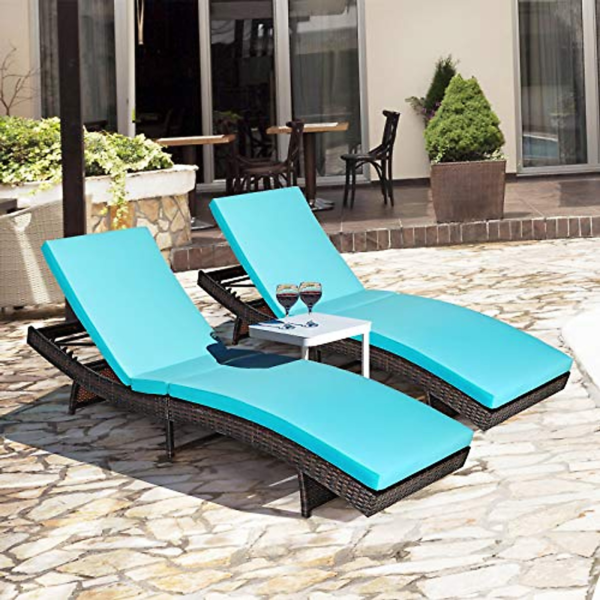 Tangkula Outdoor Folding Chaise Lounge, Rattan Patio Lounge Chair with Removable Thick Cushion, 5 Adjustable Levels, Leisure Reclining Wicker Lounge Chair for Garden, Pool Side, Balcony (2, Turquoise)