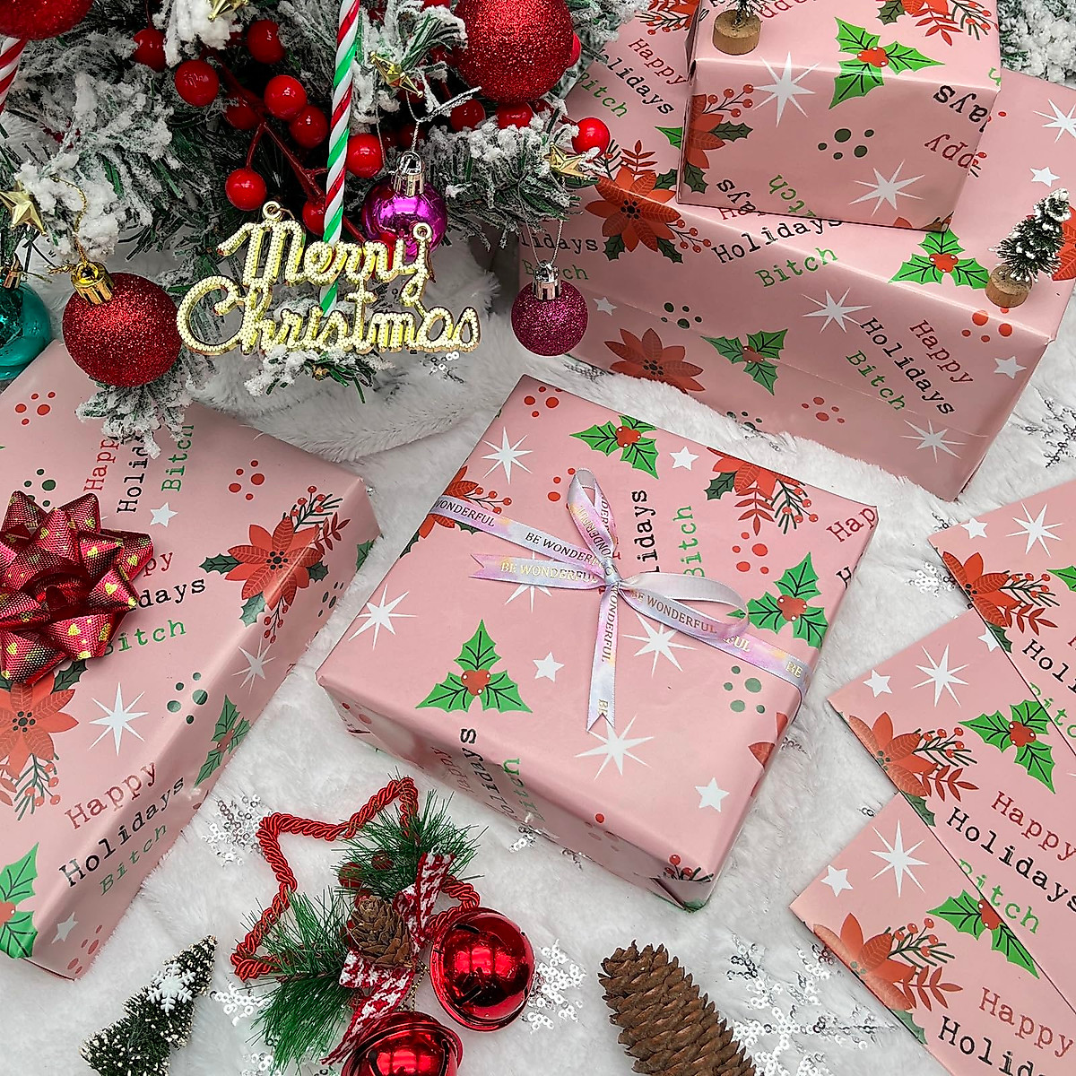 Vnaaem Funny Wrapping Paper Rude Xmas - Happy Holiday Bixxh - Pink Christmas Wrapping Paper Adult - Perfect for Winter Girlfriend Women - Inappropriate Gift Wrap - 20 X 28 Inches (6 Folded Sheet)