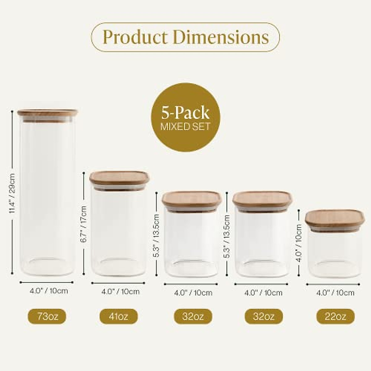 Bloom & Breeze Airtight Glass Pasta Containers for Pantry, Spaghetti Container, Glass Cereal Containers Storage, Rice Dispenser, Square Glass Storage Acacia Lids, Pack of 5