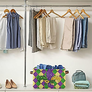 Mardi Gras Fleur De Lis Storage Basket Rhombus Carnival Mask Storage Organizer Box Bin Large Collapsible Cube Baskets with PU Handles for Shelf Closet Nursery Laundry 1 Pack