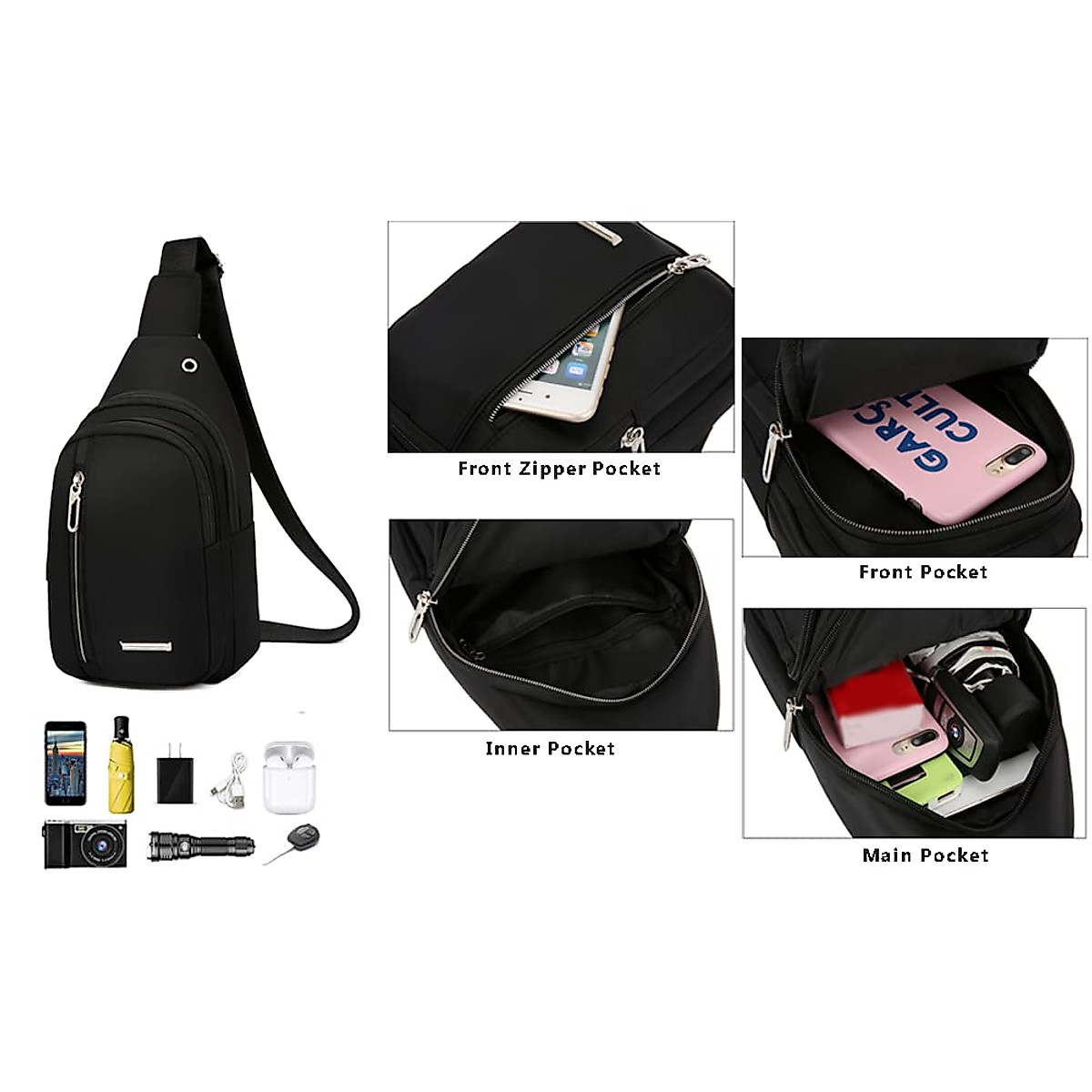 YERCHIC Small Sling Bag Crossbody Shoulder Bag for Men Women Lightweight One Strap Backpack Casual Daypack for Daily Travel Outdoor, Black,5811