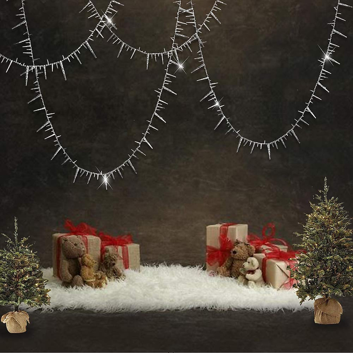 Decor365 3D Glitter Silver Icicle Garlands Banner Streamer for Christmas Party Decoration New Year Ice Winter Wonderland Birthday Streamers Wedding Baby Shower