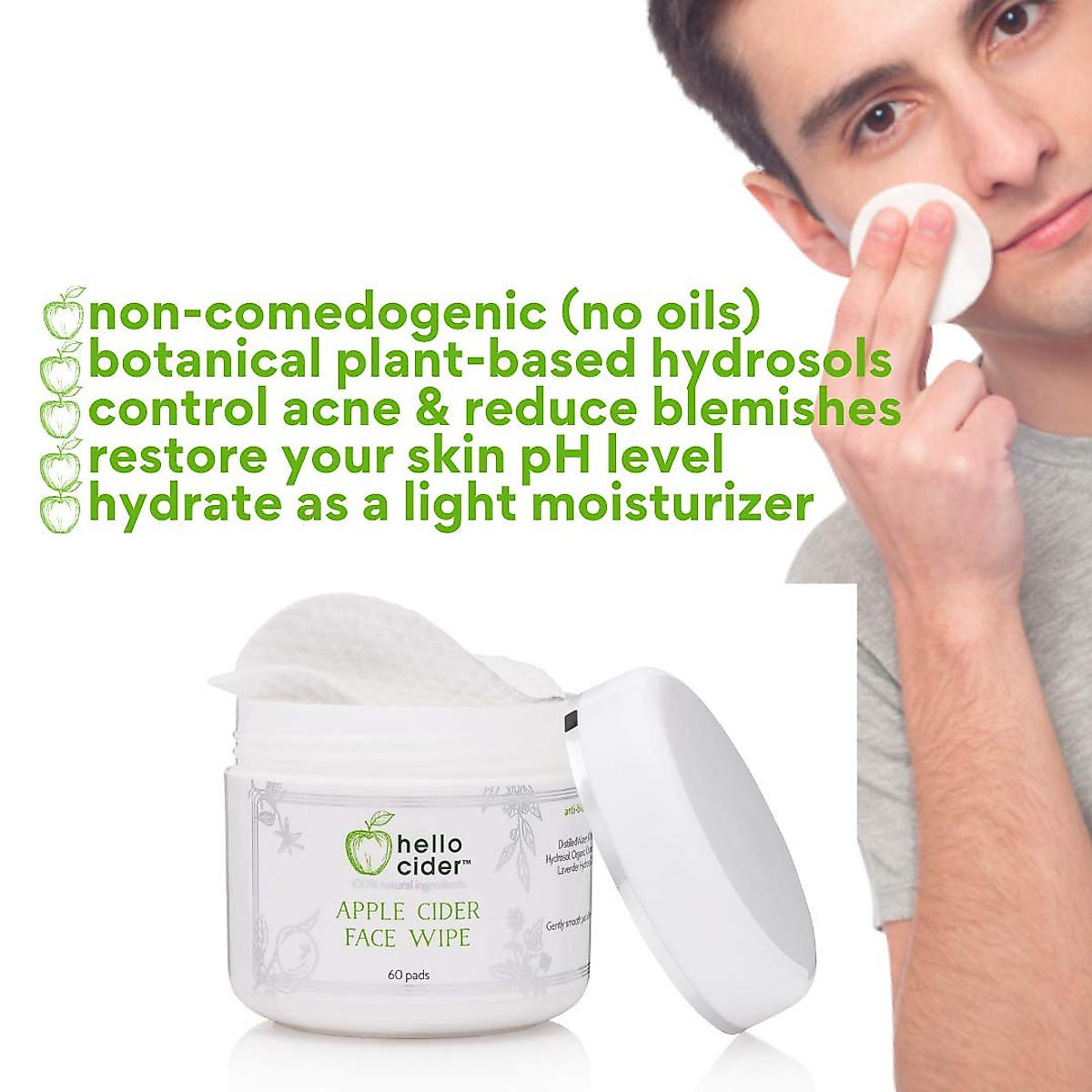 Apple Cider Vinegar Acne Face Toner Pads - Organic Tea Tree, Witch Hazel, Rose, Lavender. Cleanse, Tone, Hydrate, Calm & Sooth. 60 pads. USA by Hello Cider