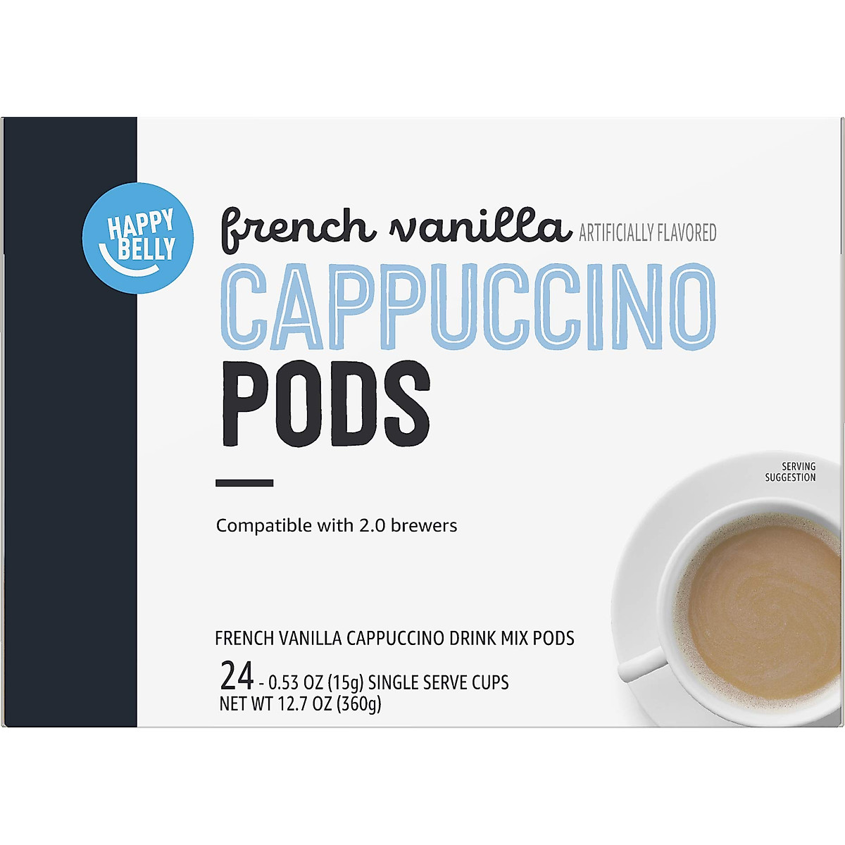 Amazon Brand - Happy Belly Cappuccino Coffee Pods Compatible with 2.0 K-Cup Brewers, French Vanilla Flavored, 24 Count
